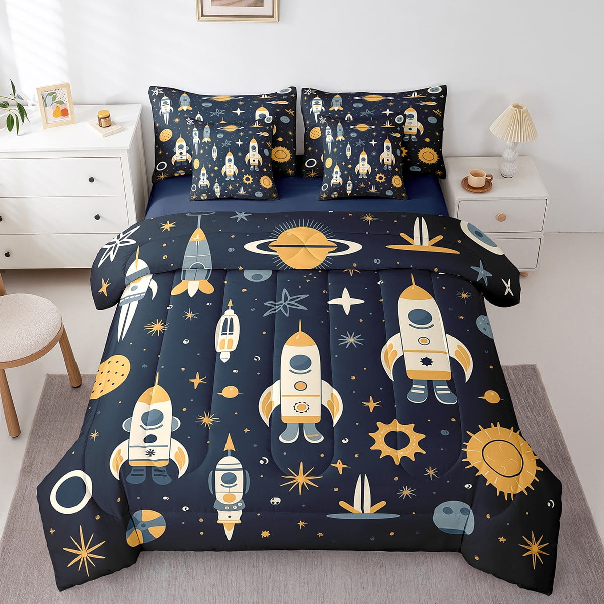 7Pcs Outer Space Comforter Set Queen,Cartoon Stars Rocket Bedding Set ...