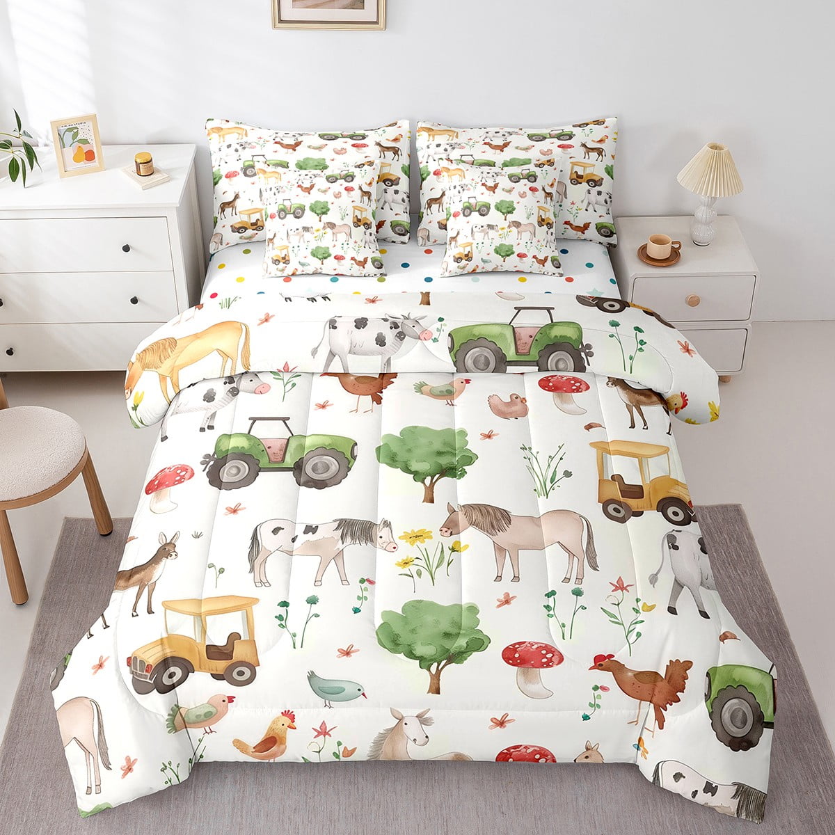 7Pcs Kids Cute Excavator King Comforter Set,Farm Animals Bedding Sets ...