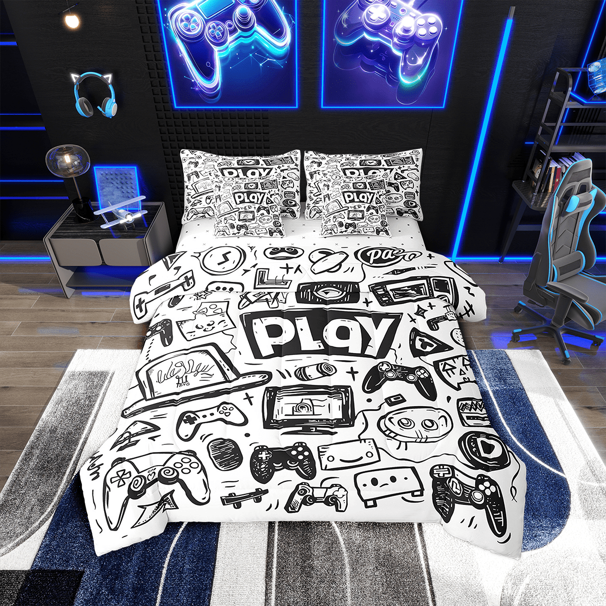 7Pcs Gaming Comforter Set Queen,Gamer Bedding Comforter Set,Gamepad ...