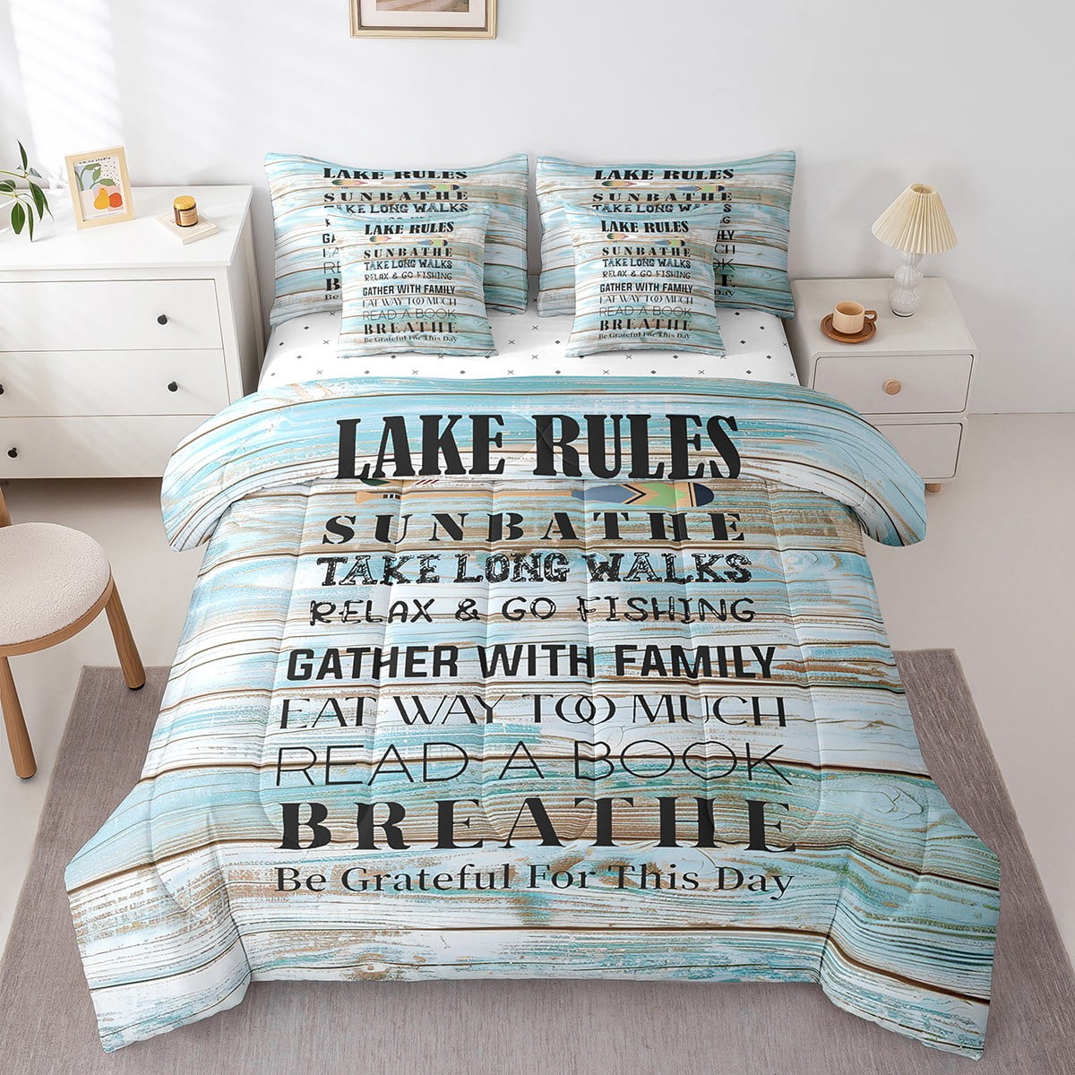 7Pcs Lake Rules Comforter Set King Size, Lake House Bed in a Bag with ...