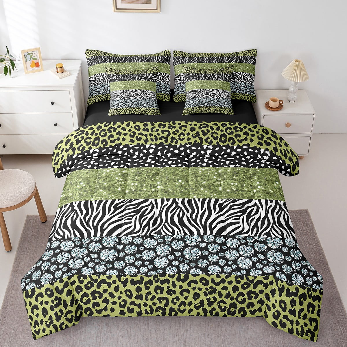 7Pcs Leopard Print Comforter Set, Rustic Cheetah Zebra Patchwork ...