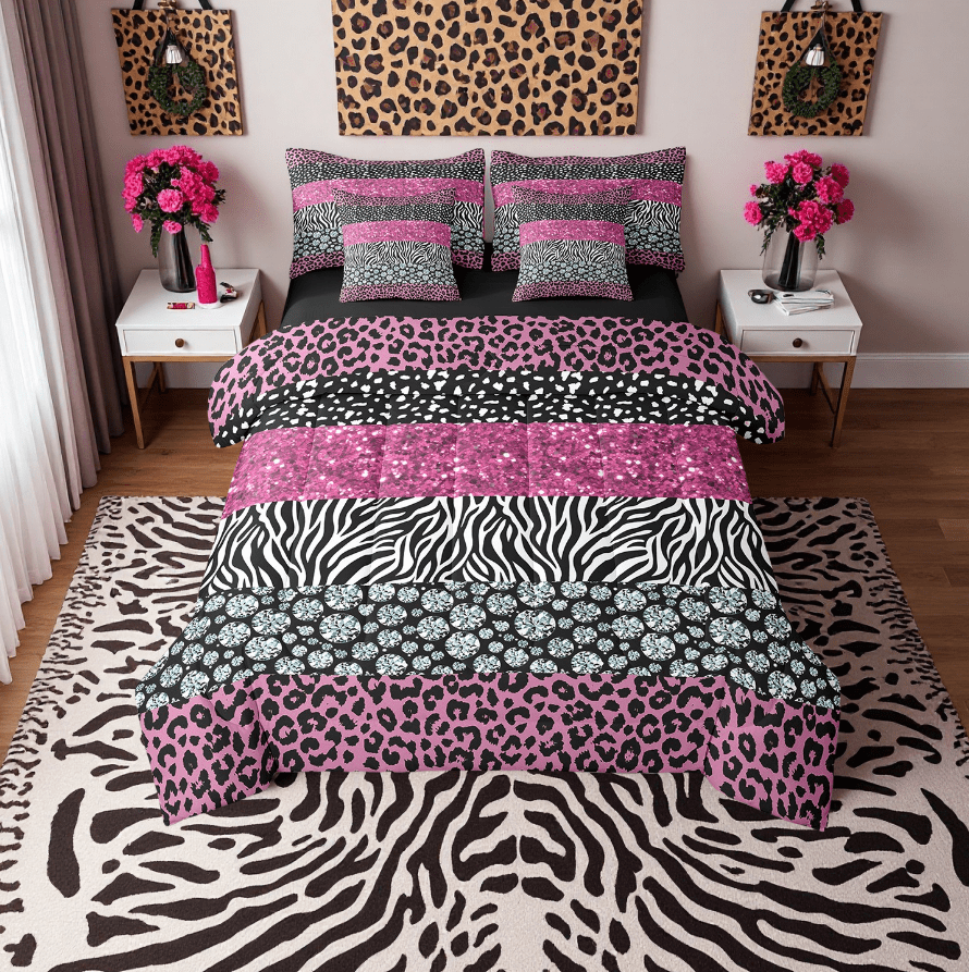 7Pcs Leopard Print Comforter Set Twin, Romance Cheetah Zebra Bedding ...