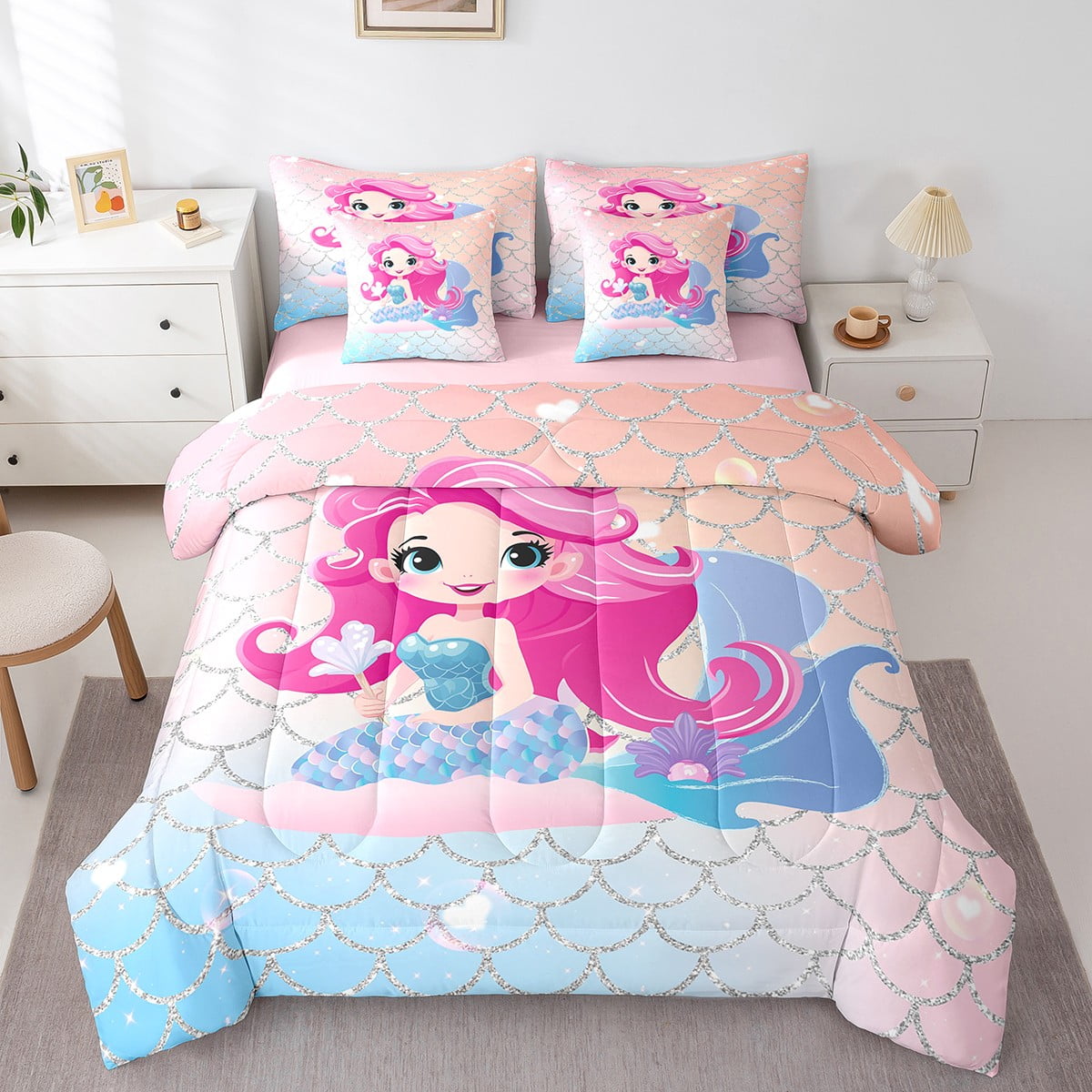 7Pcs Mermaid Bedding Sets King Size Pink and Blue Mermaid Fish Scale ...