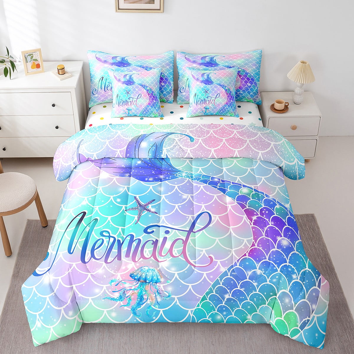 7Pcs Mermaid Tail Glitter Comforter Set Rainbow Mermaid Scale King Size ...
