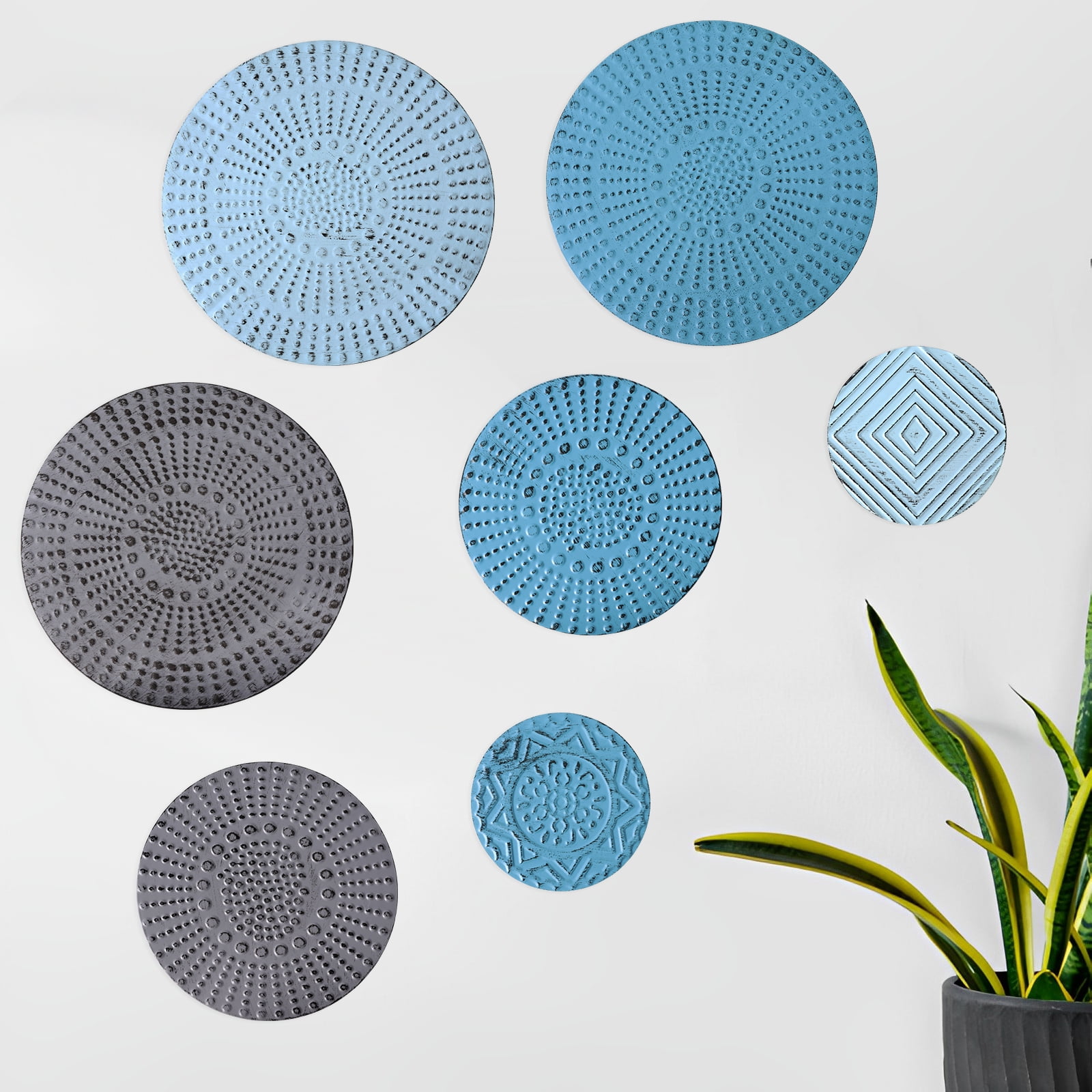 7Pcs Metal Disc Wall Decor Blue Disc Wall Art Modern Style Metal Round ...