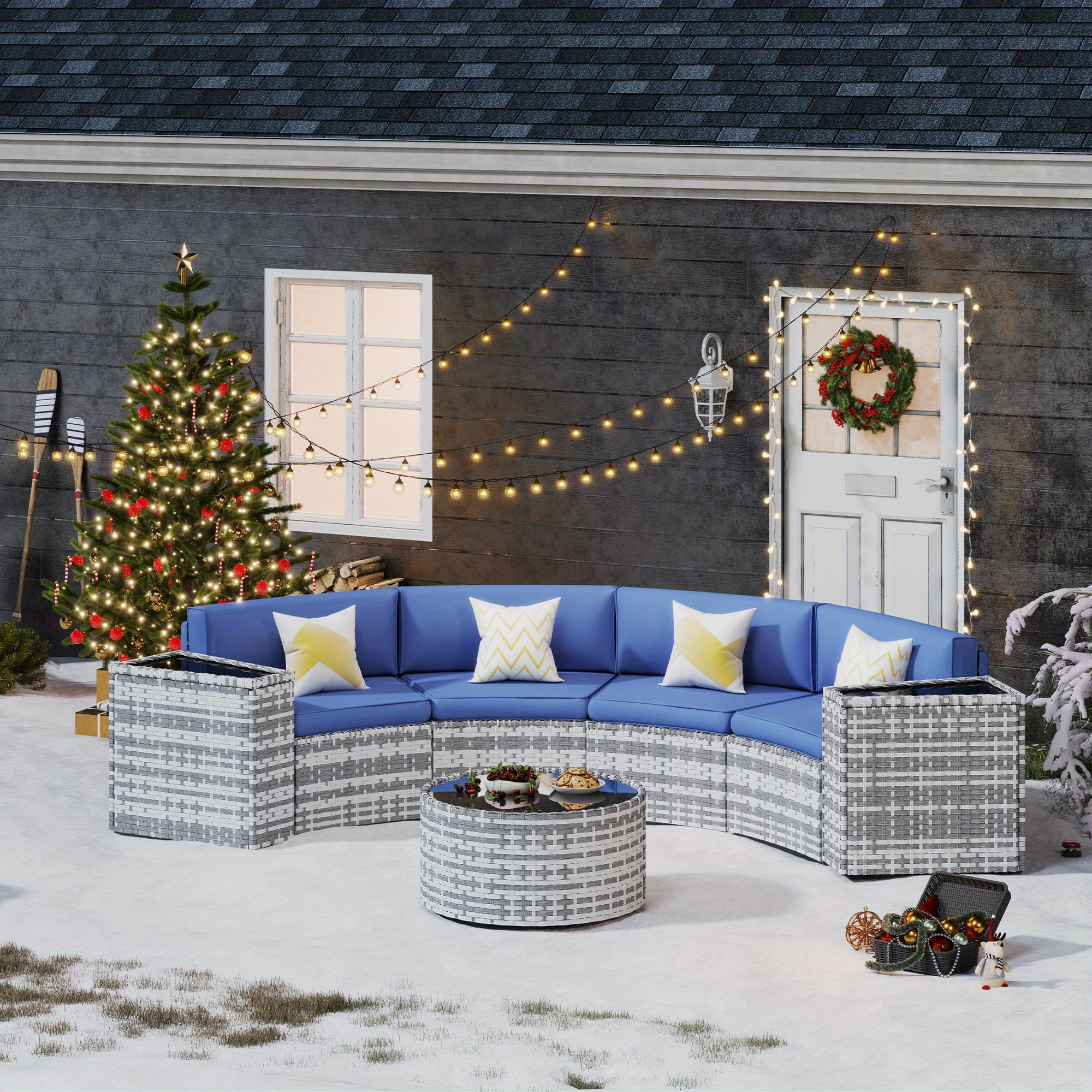 7Pcs Modular Curved Rattan Sofa Set with Cushions & Side Storage Table ...