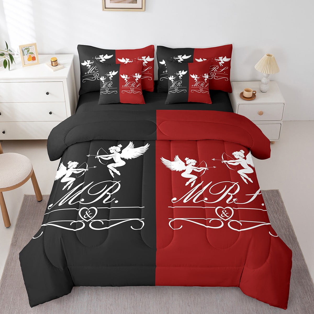 7Pcs Mr And Mrs Bedding Black And Red Couple Bedding Bed In A Bag ...