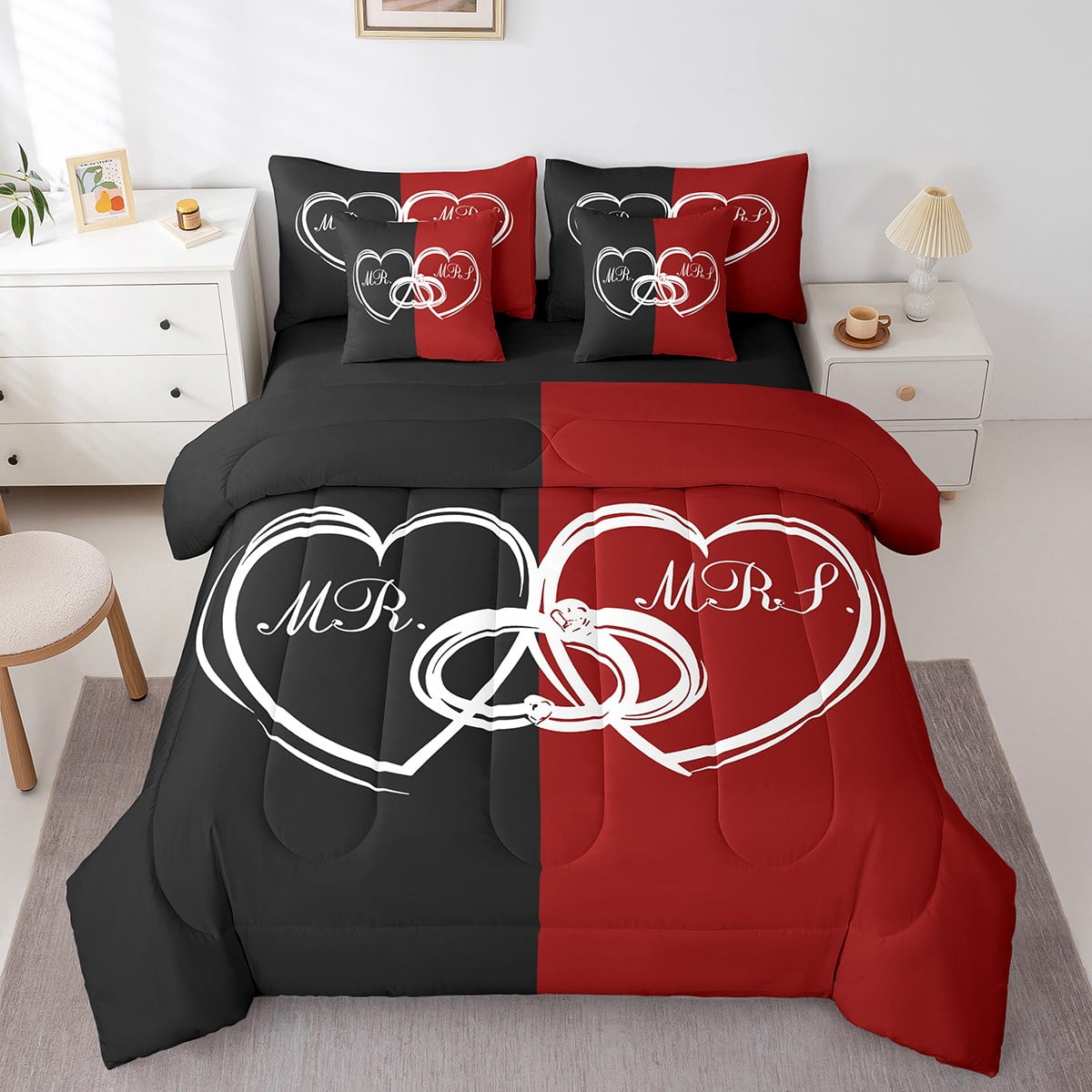 7Pcs Mr And Mrs Bedding Full Size Black And Red Couple Bedroom ...