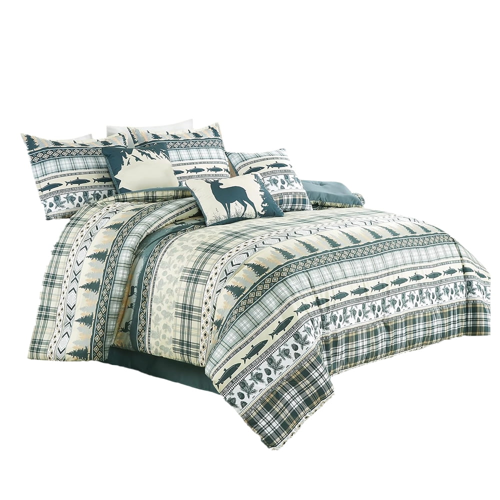 7-Piece Full Northwest Cabin Lodge Comforter Set - Multicolor Pine Tree ...