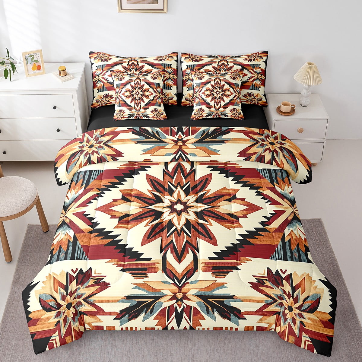 7Pcs Orange Southwestern Queen Comforter Set,Tribal Aztec Bedding Sets ...