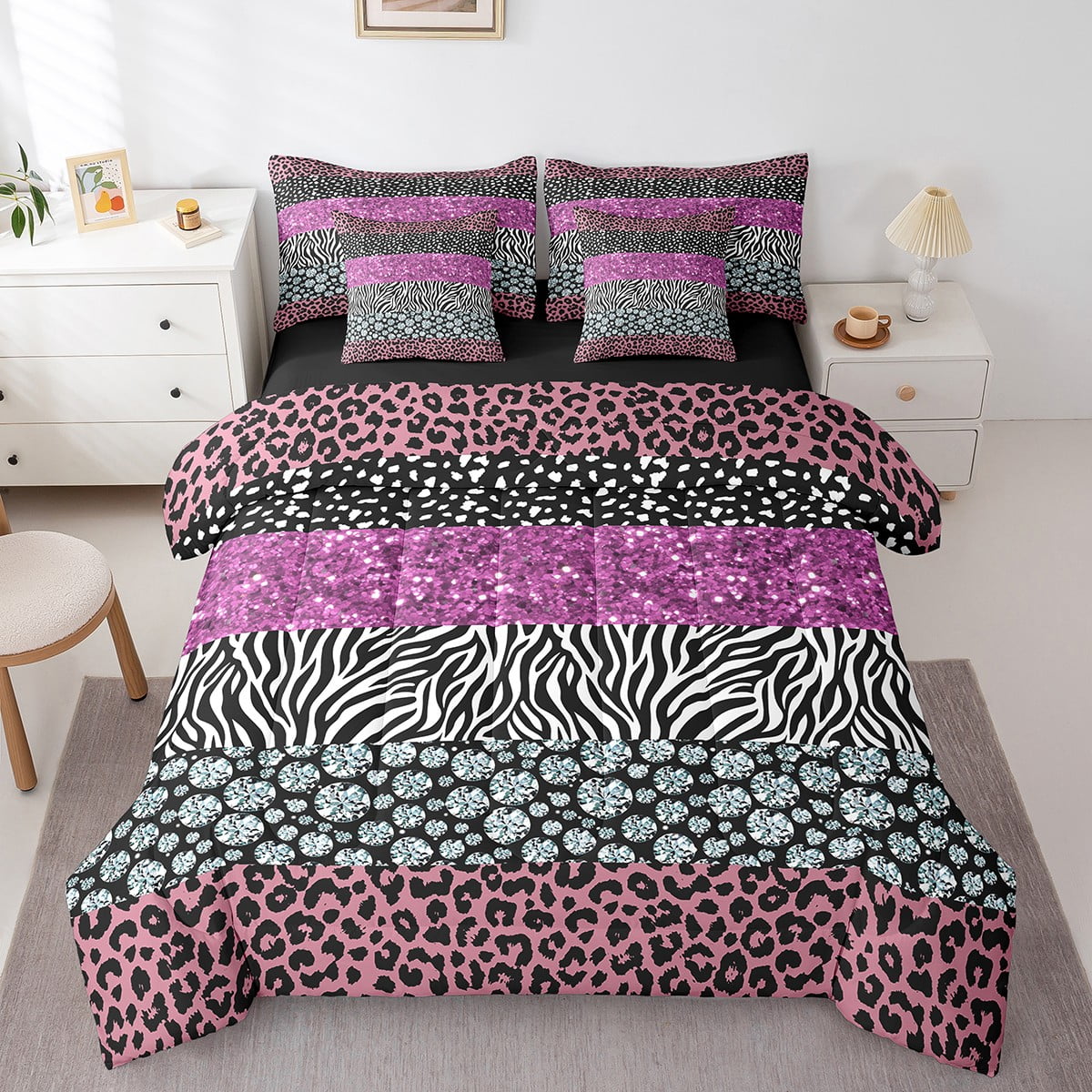 7Pcs Pink Cheetah Print Comforter Set Glitter Diamond Bedding Queen ...