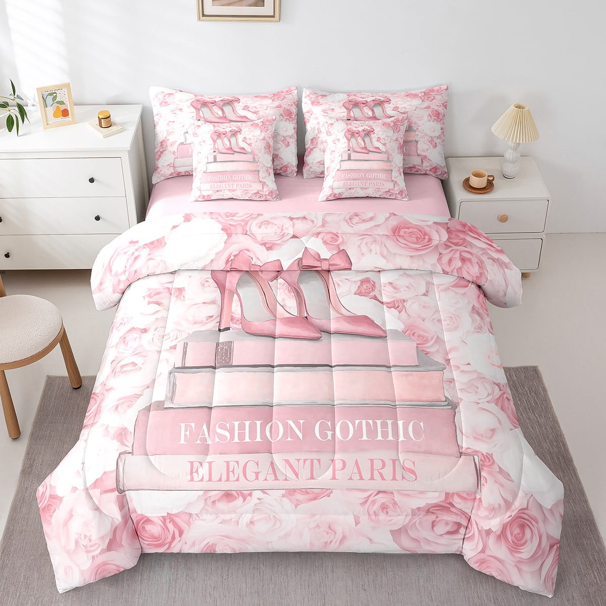 7Pcs Pink High Heels Comforter Set, Romantic Heels Bedding Sets Full ...