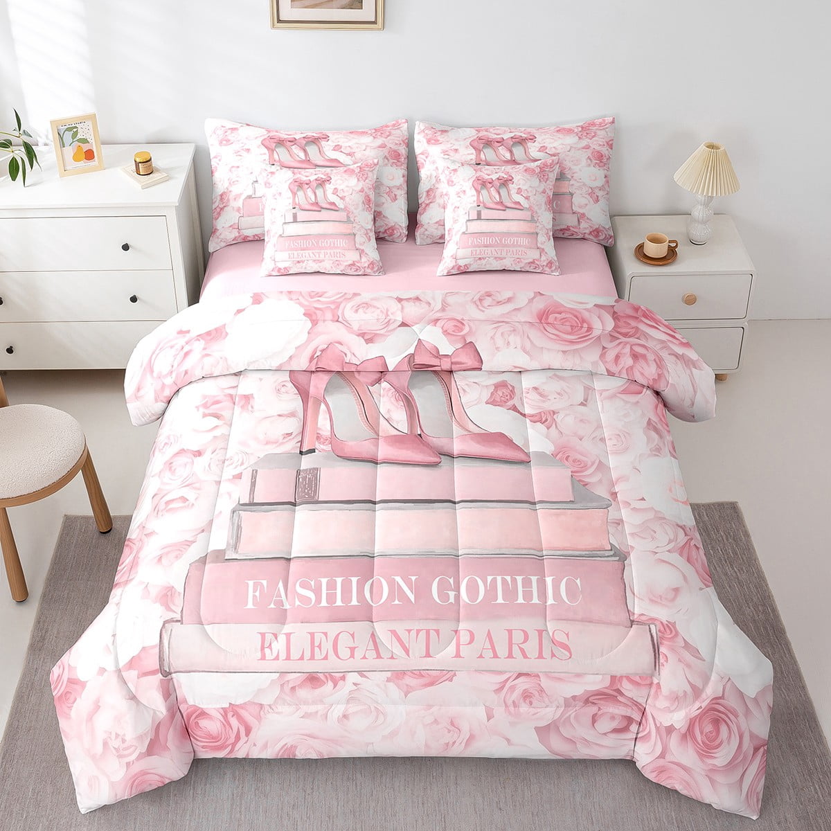 7Pcs Pink High Heels Comforter Set, Romantic Heels Bedding Sets Queen ...