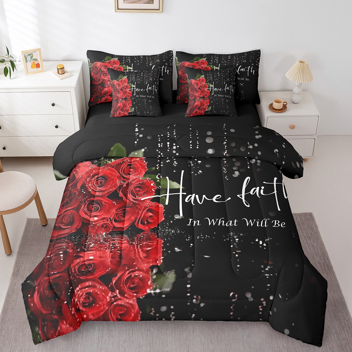 7Pcs Red Rose Comforter Set Queen, Blooming Floral Botanical Leaf Bed ...