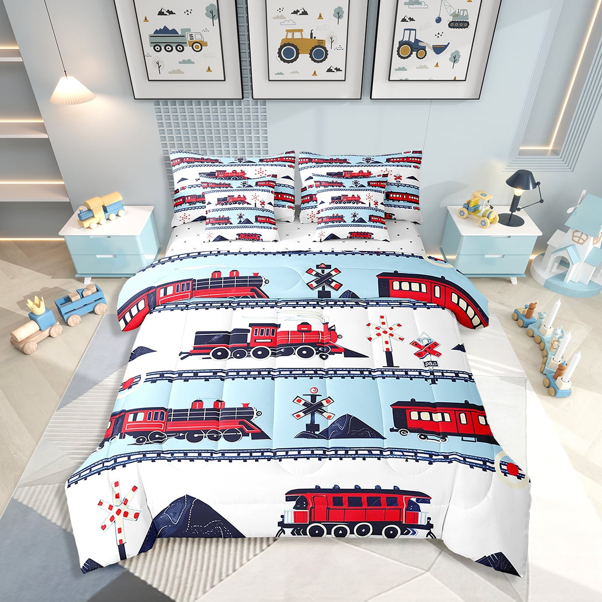 7Pcs Red White And Blue Train Comforter Set Full, Cartoon Train ...