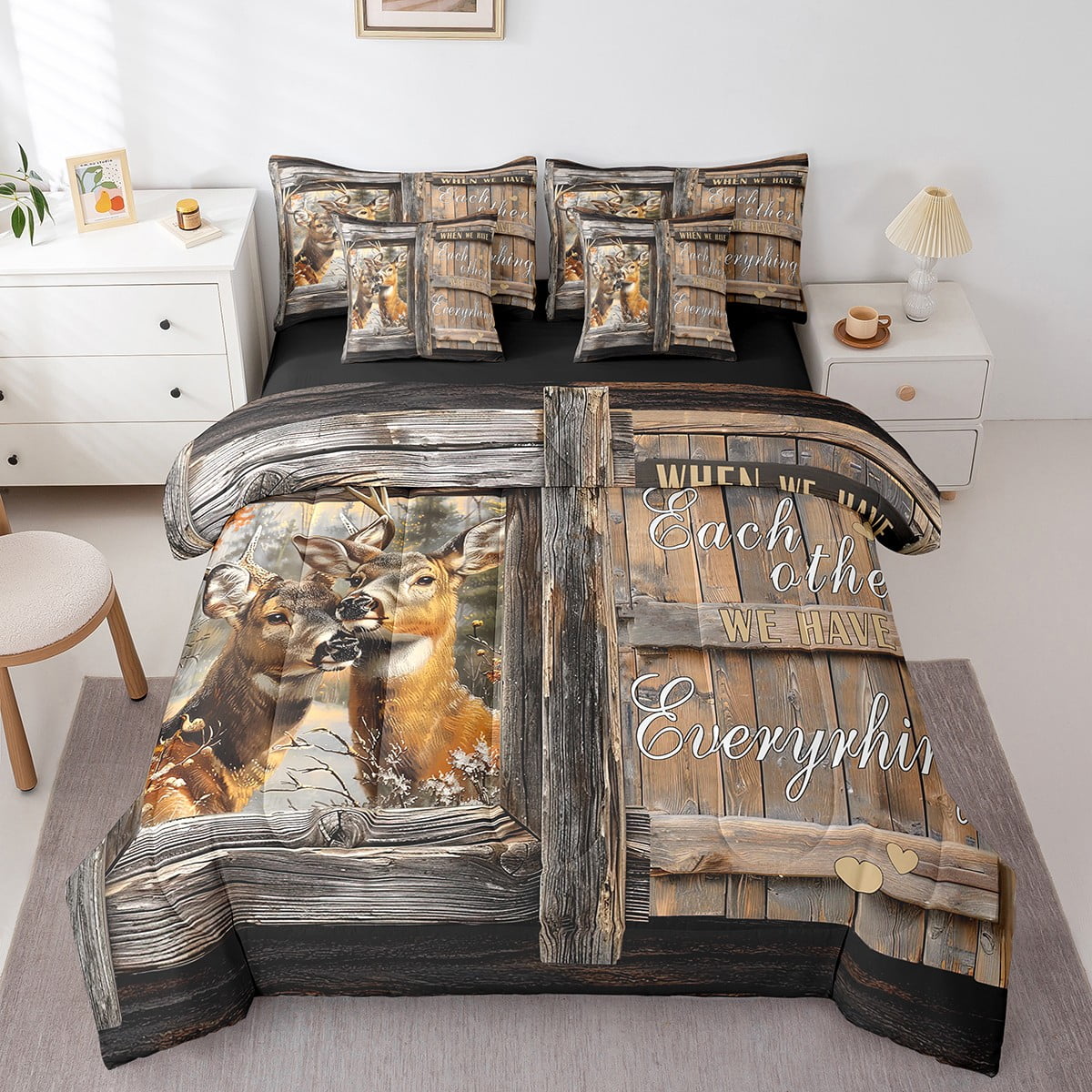 7Pcs Rustic Deer Comforter Set Queen Hunting Deer Bedding, Wild Animal ...