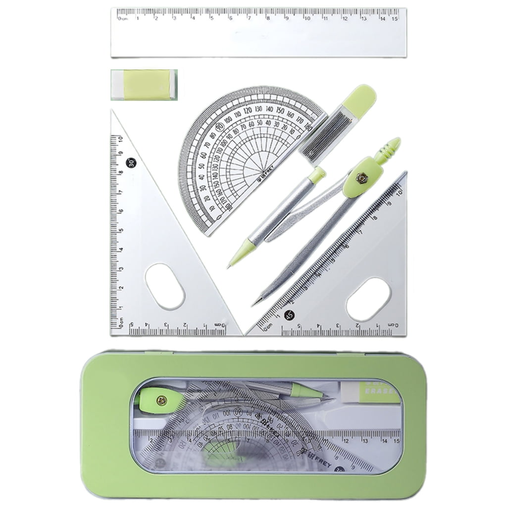 7Pcs School Geometry Set with Metal Compass, Set Square, Eraser, Math ...