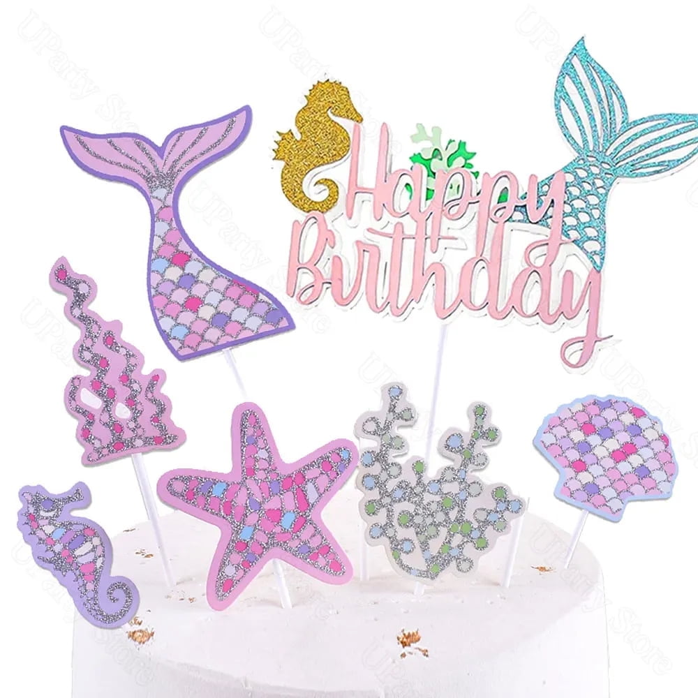 7Pcs/Set Mermaid Happy Birthday Cake Toppers Purple Pink Sea Shell ...