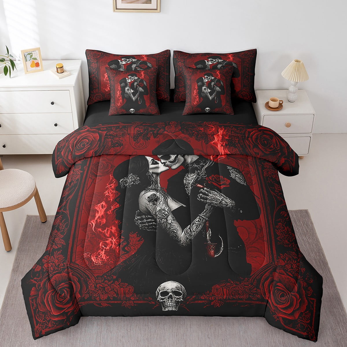 7Pcs Skull Couple Queen Comforter Set,Kissing Lovers Skeleton Bedding ...
