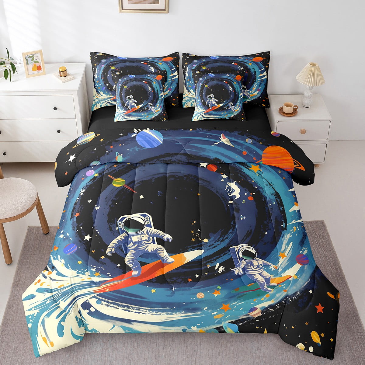 7Pcs Surfer Astronaut Full Bedding Set,Universe Planet Outer Space Bed ...