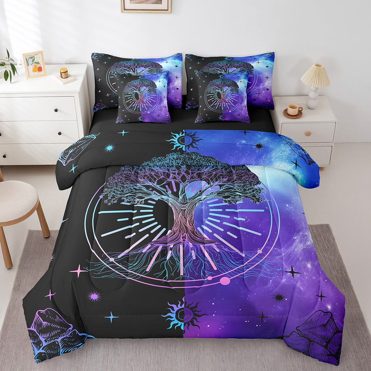 7Pcs Tree Of Life Full Size Bedding Black Blue Botanical Tree Comforter ...