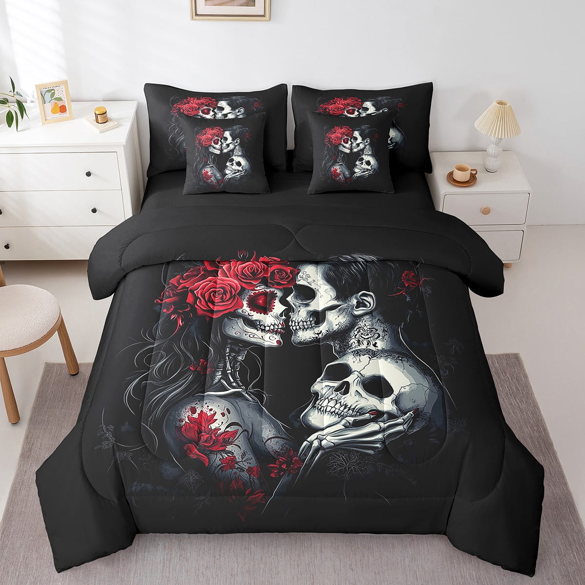 7Pcs Valentines Day Queen Comforter Set,Lover Kissing Skull Bedding ...