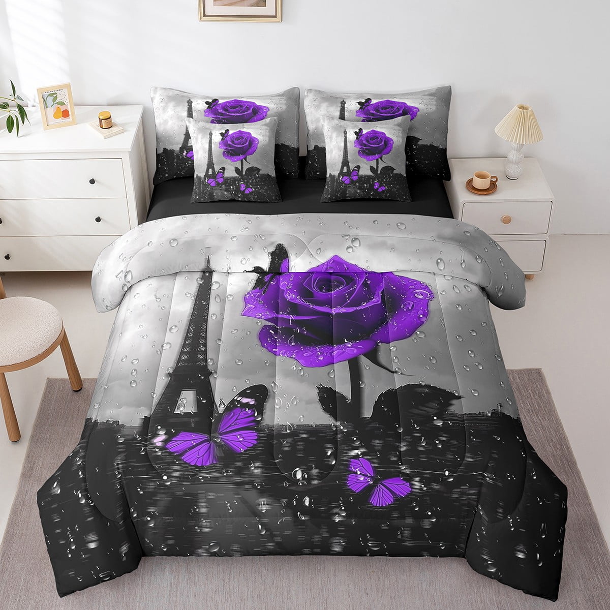 7Pcs Vintage Purple Rose Comforter Set Twin, Romance Rose Flower ...