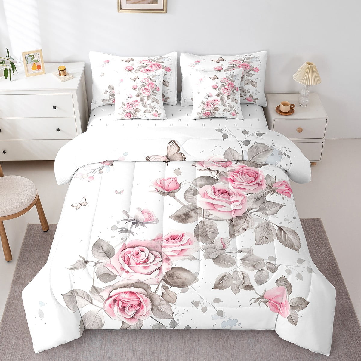 7Pcs Vintage Rose Butterfly Queen Comforter Set,Romantic Rose Floral Bedding Sets,Watercolor ...