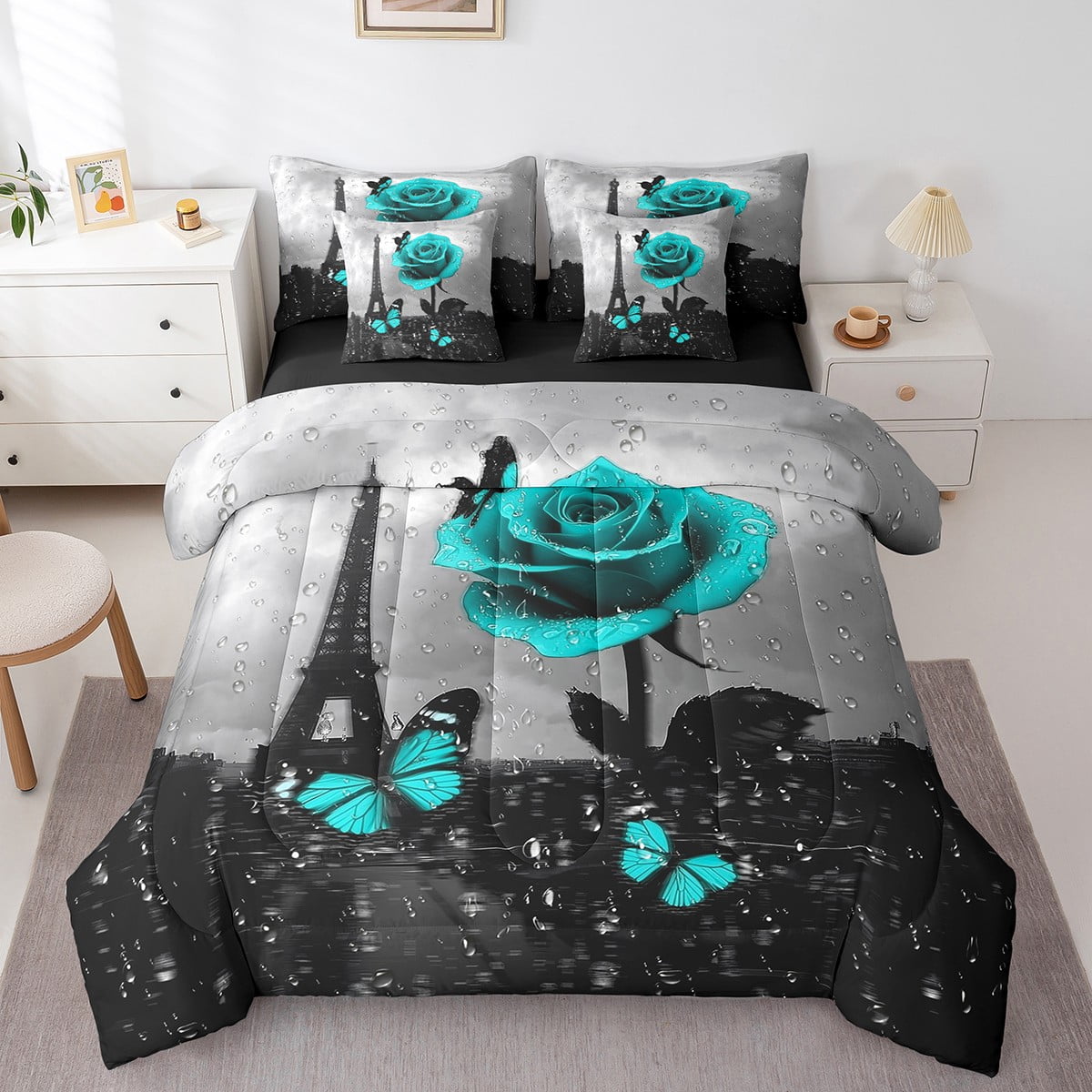 7Pcs Vintage Rose Comforter Set, Turquoise And Black Rose Flower Full ...