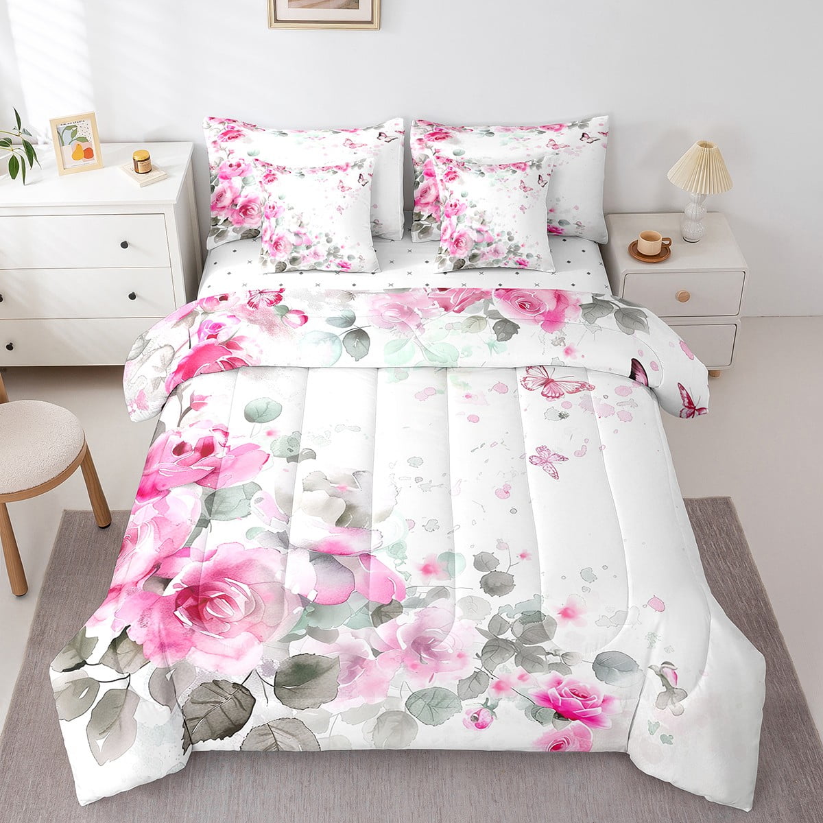 7Pcs Watercolor Rose Twin Comforter Set,Pink Rose Flowers Bedding Sets ...