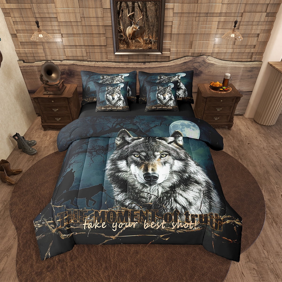 7Pcs Wolf Bedding Queen Size,Animal Theme Comforter Set Green Blue ...