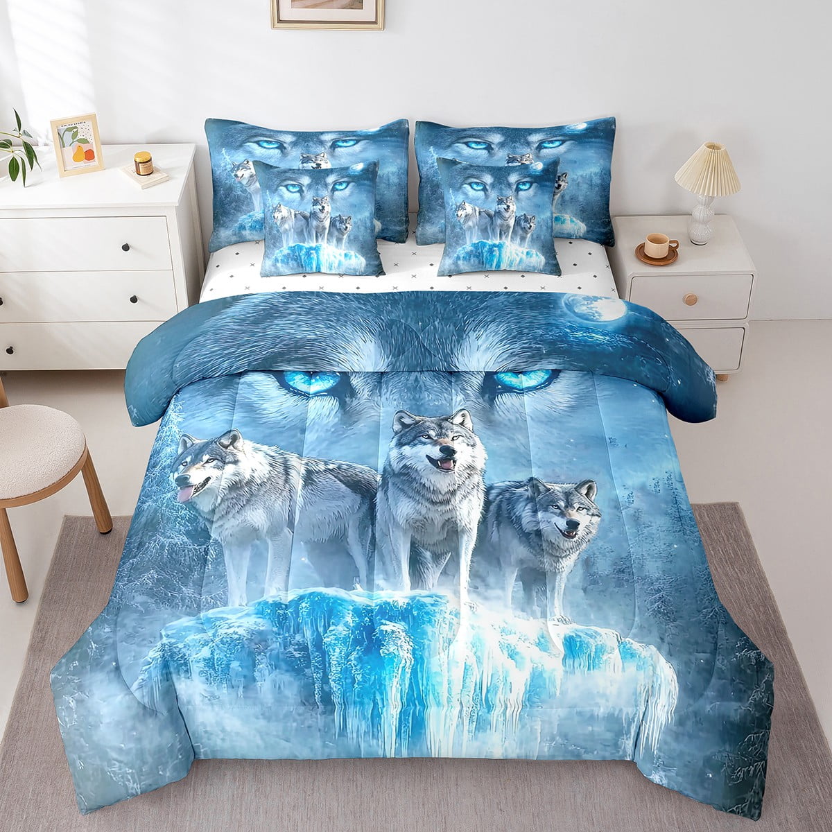 7Pcs Wolf Twin Comforter Set Woodland Wildlife Bedding Sets Teens Blue ...