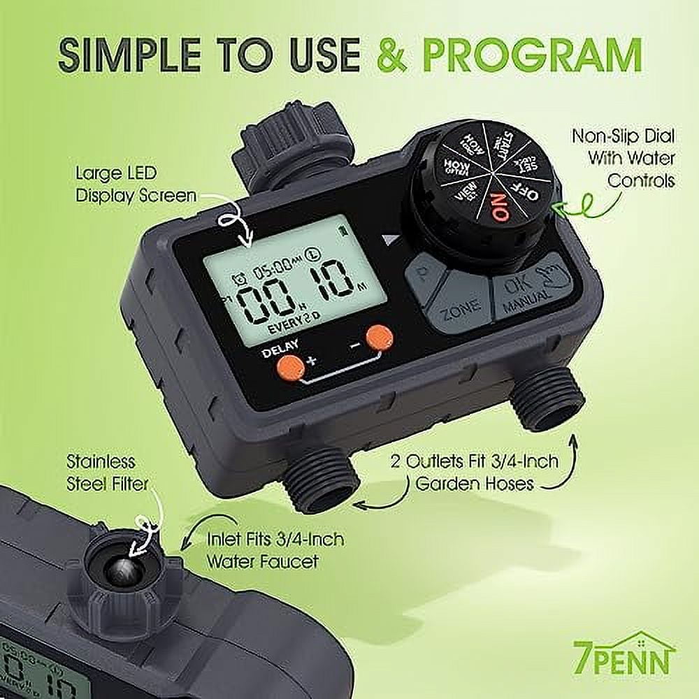 7Penn 2 Zone Water Timer - Programmable Outdoor Irrigation System ...