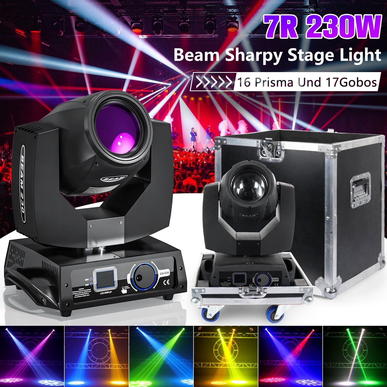 7R 230W DJ Lights with Flight Case, 8 Prisms Beam Sharpy Moving Head ...