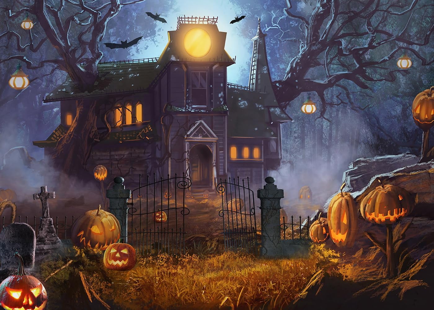 7X5FT Halloween Backdrop Horror Moon Night Scary Cemetery Pumpkin ...