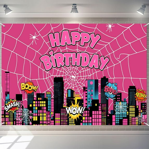 7X5FT Pink Spider Web Backdrop Party Decoration Supplies Super Heros ...
