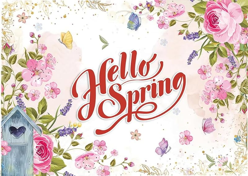 7X5FT Spring Backdrop Hello Spring Banner Butterfly Flowers Backdrop ...