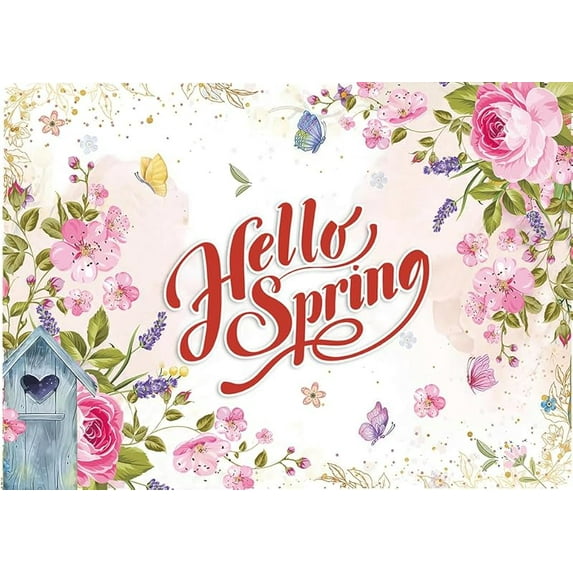 7X5FT Spring Backdrop Hello Spring Banner Butterfly Flowers Backdrop ...