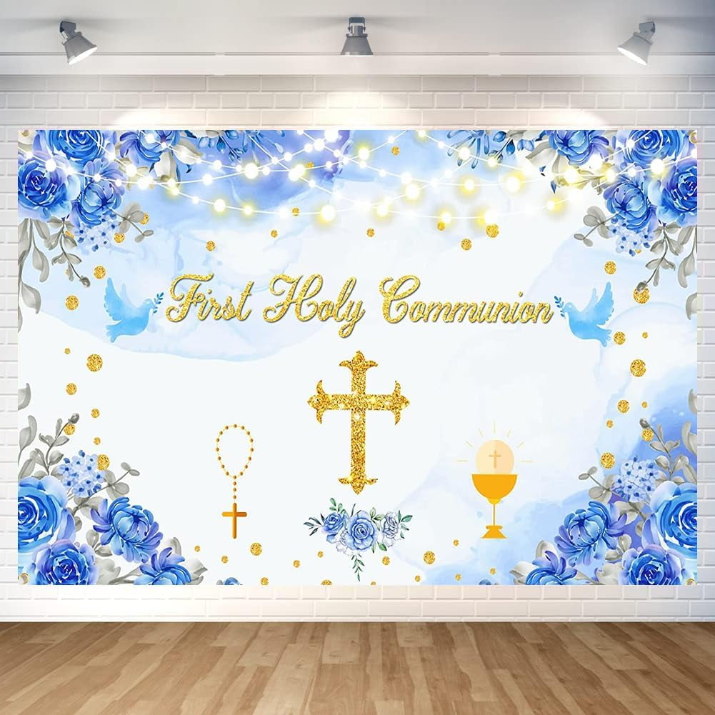 7X5Ft First Holy Communion Backdrop Golden Glitter Cross First Mi ...
