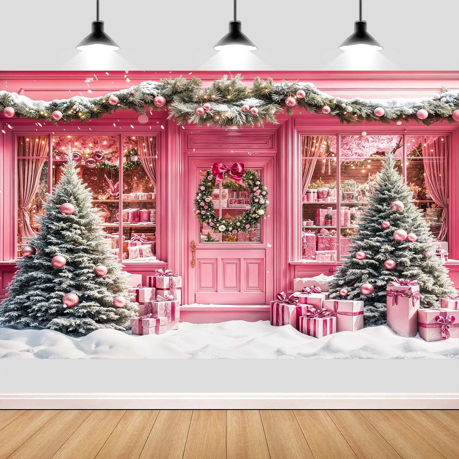 7X5ft Pink Christmas Storefront Backdrop Snowy Scene Christmas Tree ...