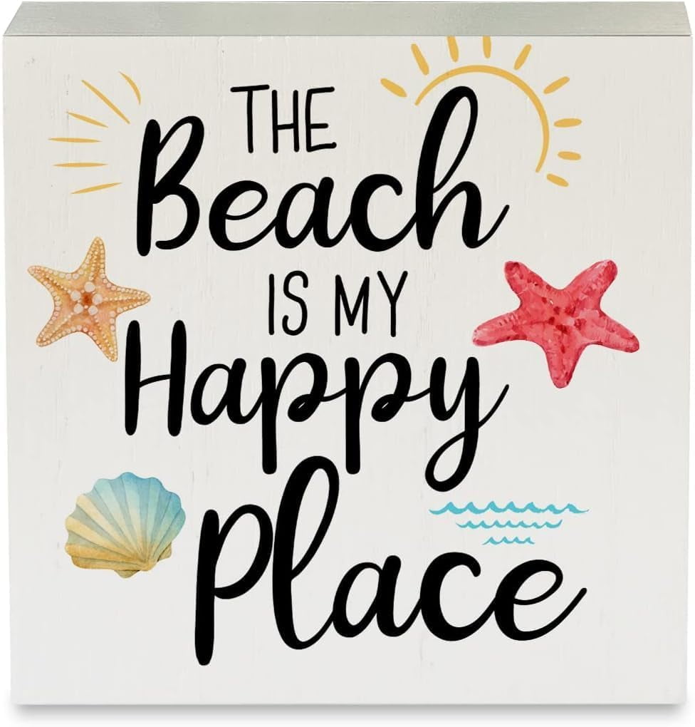 7X7 Inch Country Happy Beach Quote Wood Box Sign Rustic Summer Beach ...