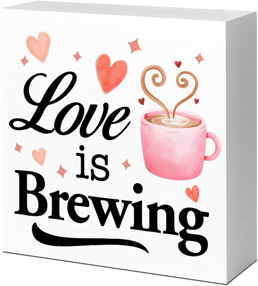 7X7 Inch Funny Coffee Wood Block Signs,Love Is Brewing Coffee Wooden ...