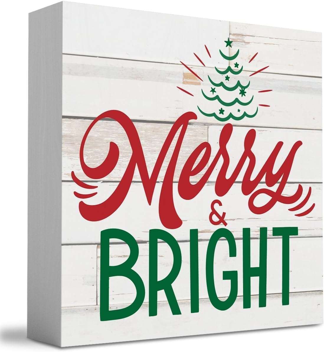 7X7 Inch Merry & Bright Christmas Tree Wood Box Sign, Farmhouse ...