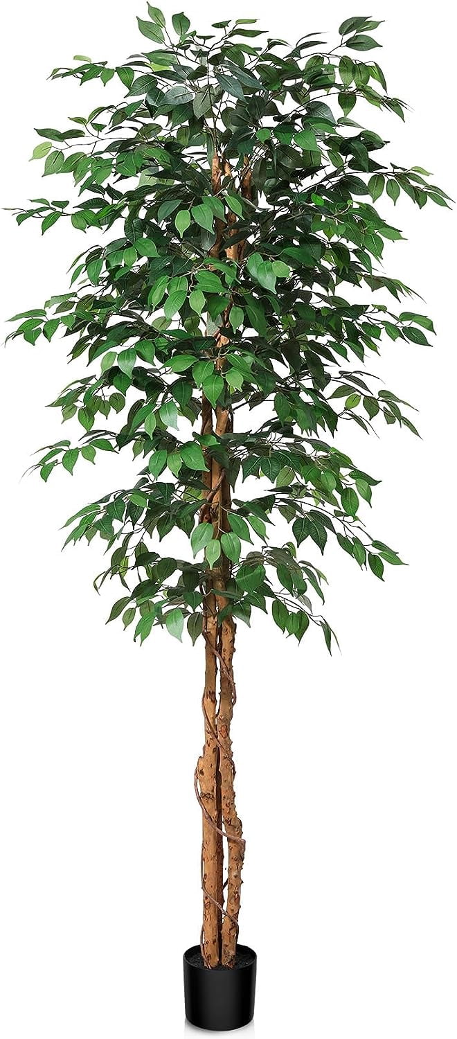 7ft Artificial Ficus Tree with Natural Wood Trunk, Silk Fake Ficus Tree ...