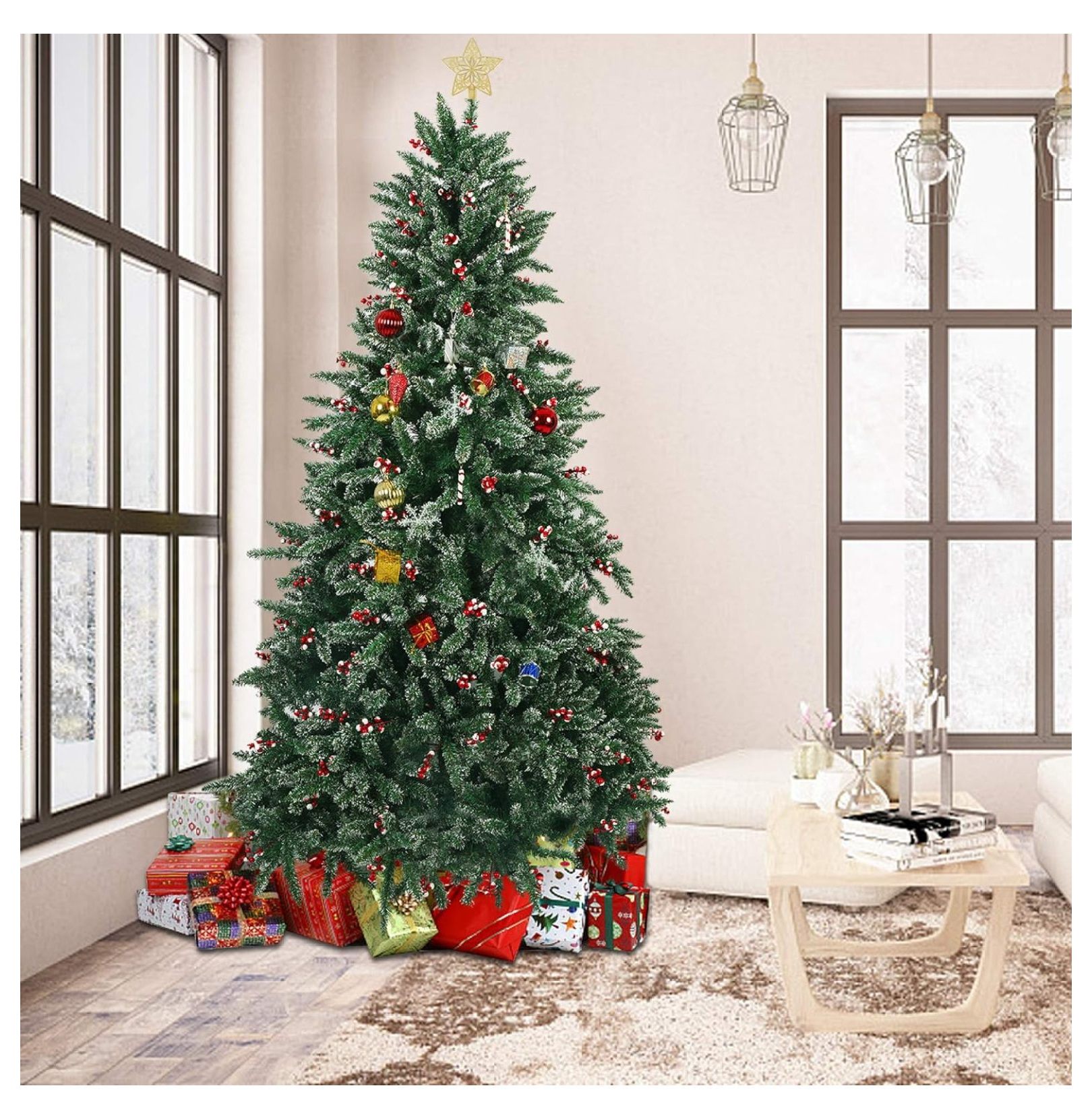 7ft Artificial Snow Flocked Christmas Pine Tree Holiday Faux-Pine Xmas ...