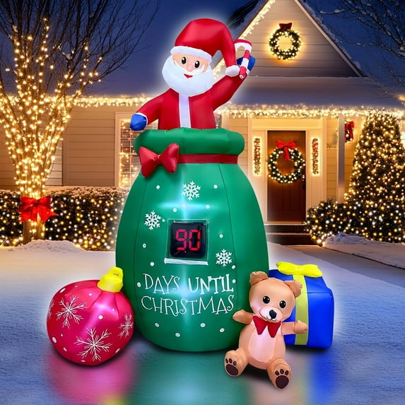 7ft Christmas Inflatables Santa Gift Bag with LED Countdown Decorations ...