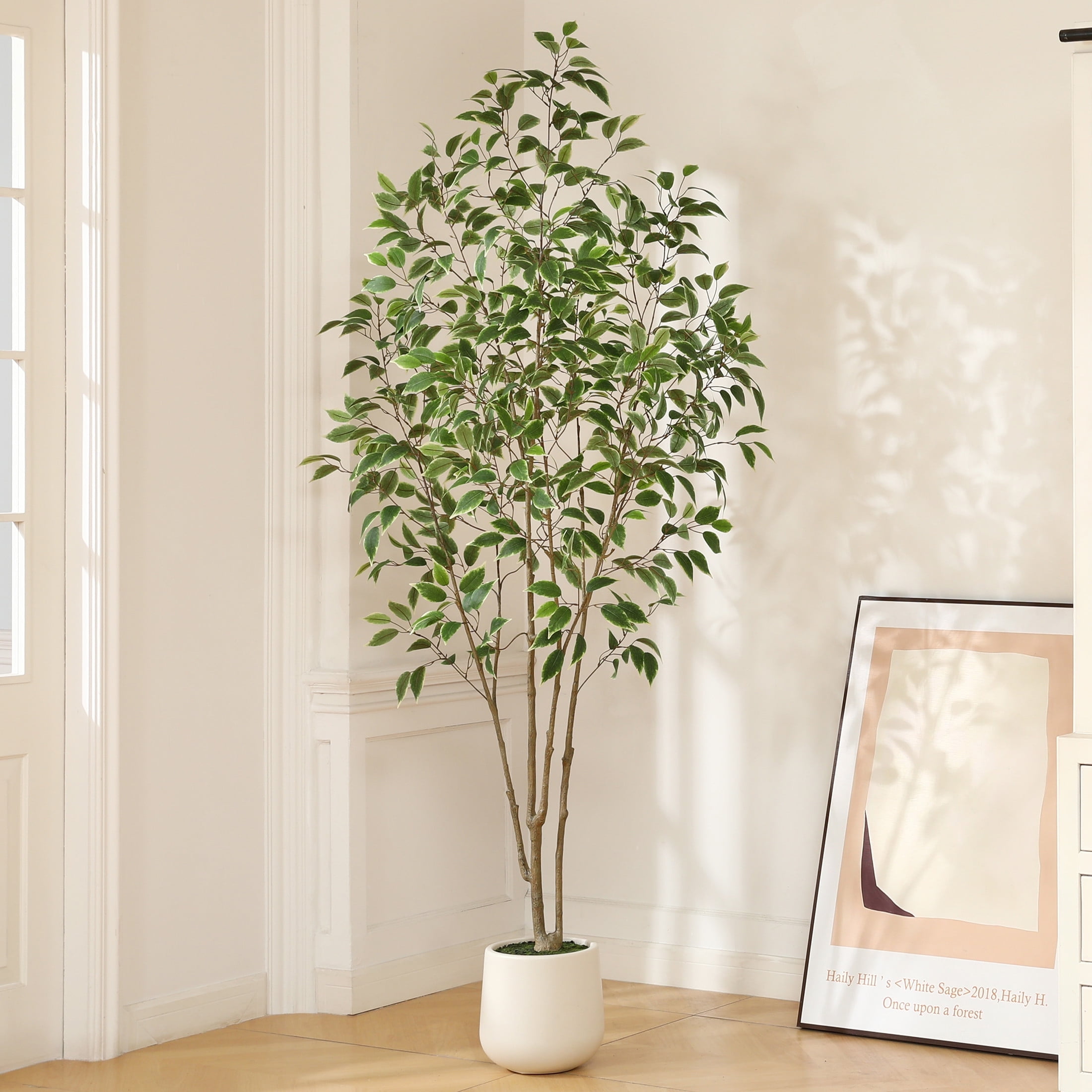 7ft Fake Ficus Tree with Oval White Planter, Pre Potted Faux Greenry ...