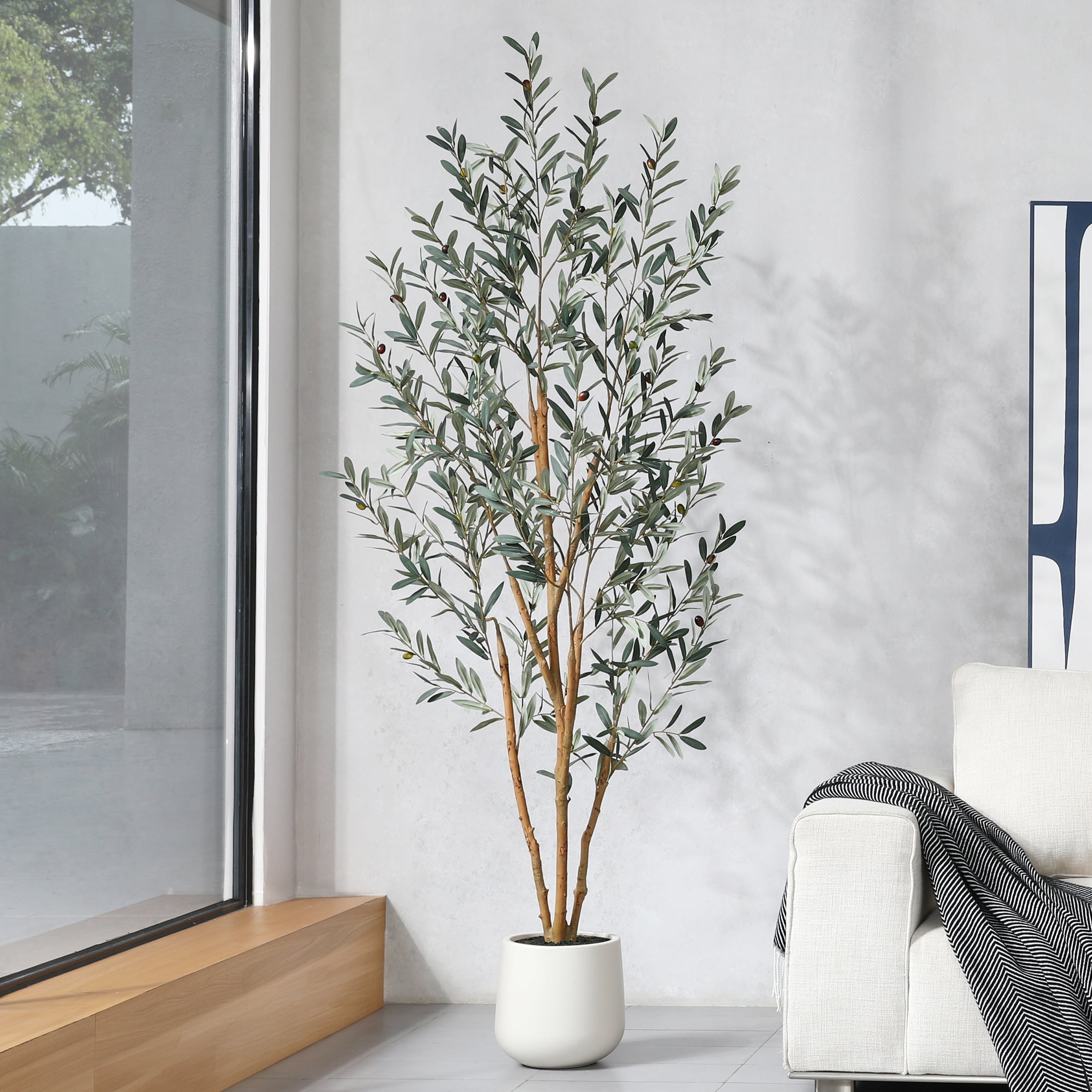 7ft Fake Olive Tree with Oval White Planter, Artificial Olive Plants ...