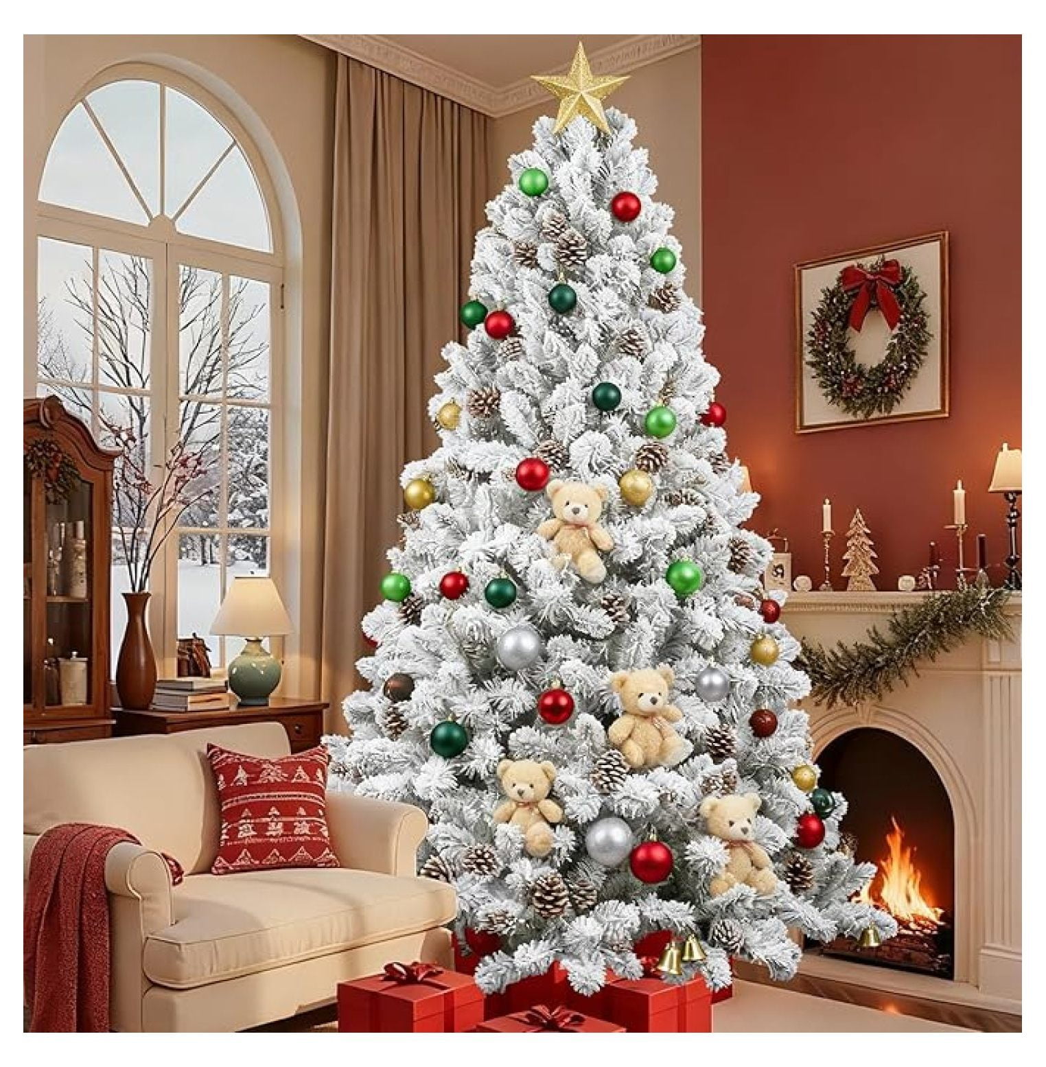 7ft Flocked Christmas Tree, Easy Assembly Xmas Tree Featuring 1000 ...