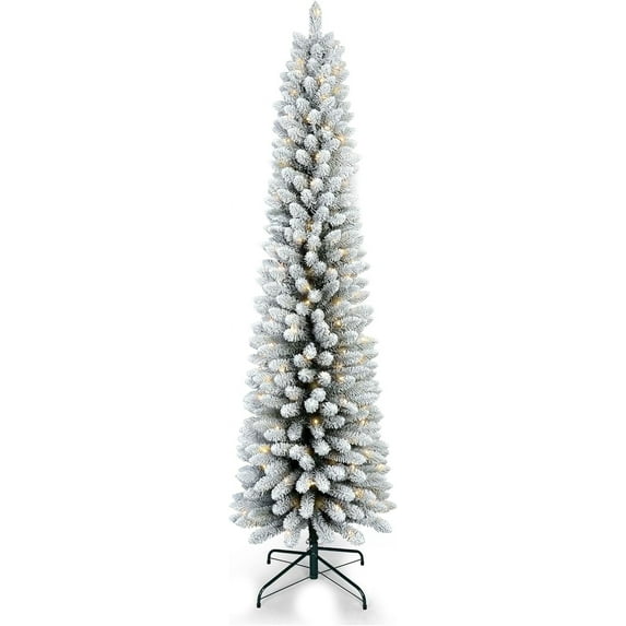 7ft Flocked Pencil Christmas Tree with 200 Lights, Pre Lit Tall Skinny ...